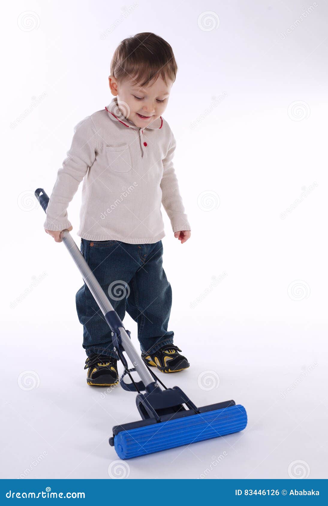Little Boy with Mop on White Stock Photo - Image of happy, people: 83446126
