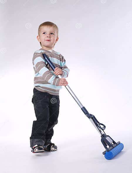 Little Boy with Mop on White Stock Photo - Image of clear, blue: 83448482
