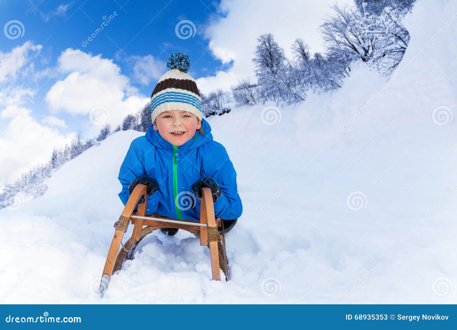 Little Boy in Mountains Slide on Sledge Stock Image - Image of ...