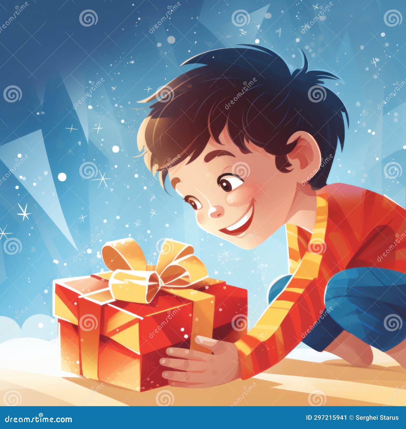 A Little Boy is Opening a Gift Box, AI Stock Illustration ...