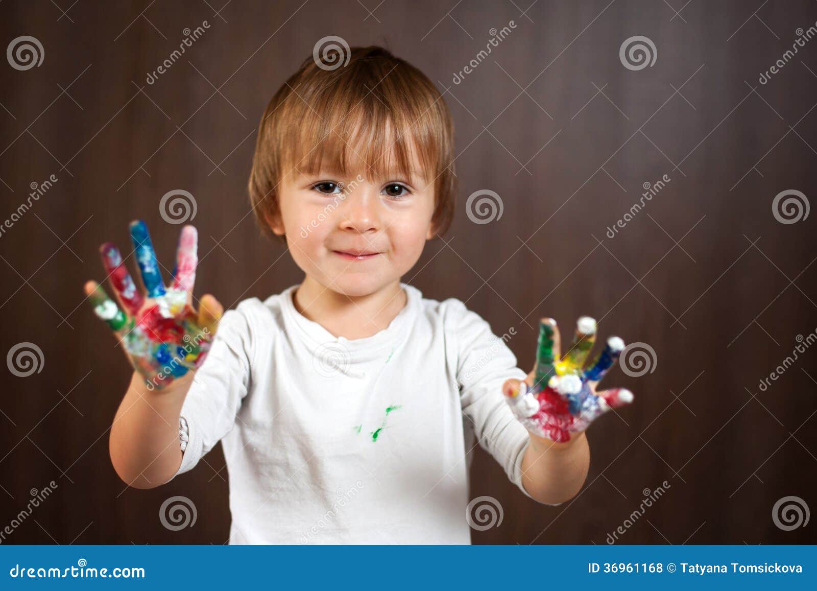 Little Boy with Painted Hands Stock Photo - Image of cheerful, artistic ...