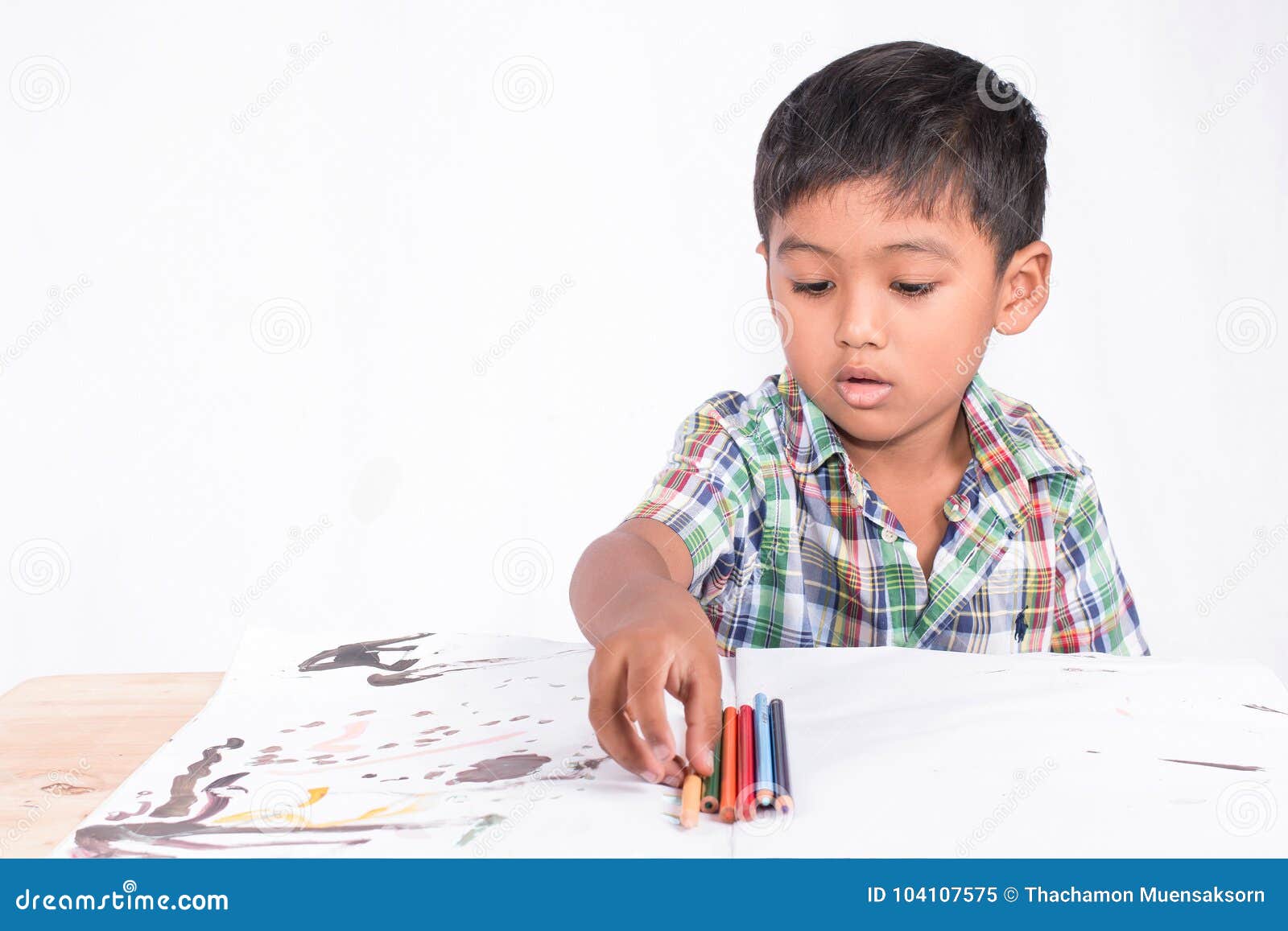 Cute Little Boy Painting on Book Drawing Stock Image - Image of ...