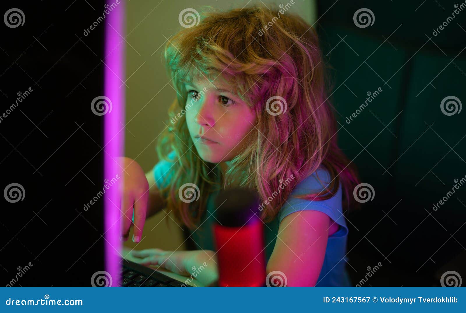 Little Boy at the Pc Computer Screen. a Pretty Child Learns a Lesson ...
