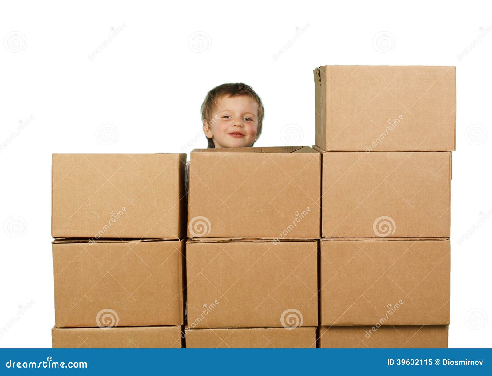 Little Boy Peeking Out from Behind Boxes Stock Image - Image of male ...