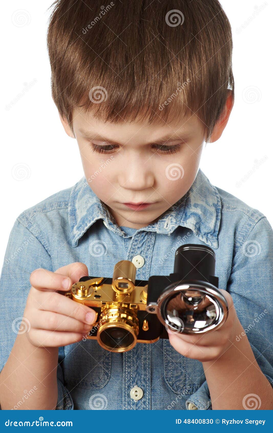 Little Boy Photographer with Retro Camera and Flash Stock Photo - Image ...