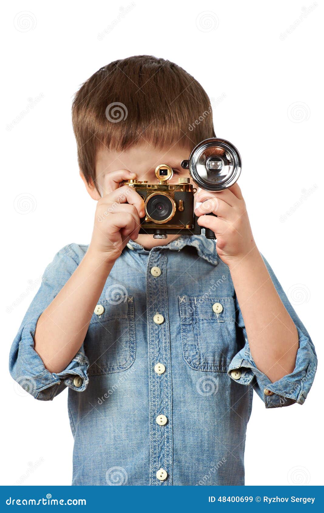 Little Boy Photographer Shooting with Retro Camera and Flash Stock ...