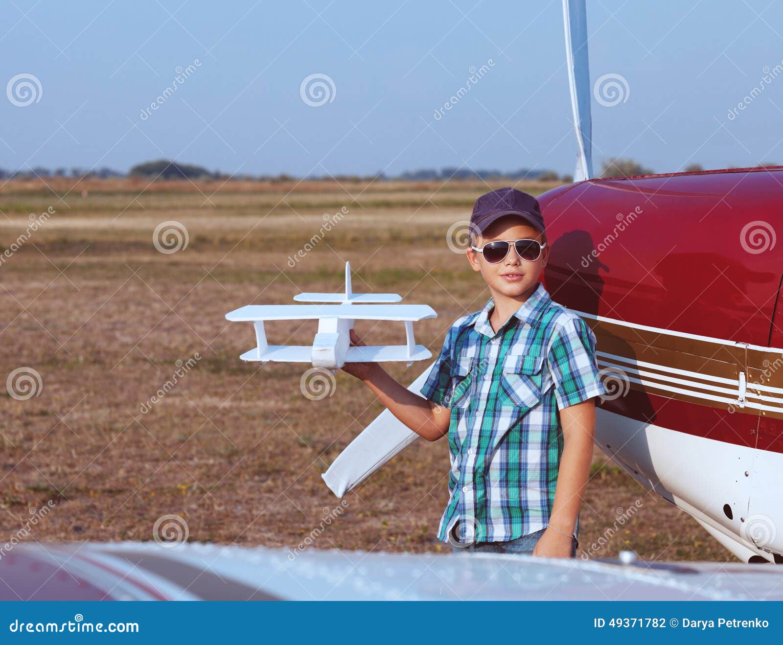 Little Boy Pilot with Handmade Plane Stock Photo - Image of cloudy ...