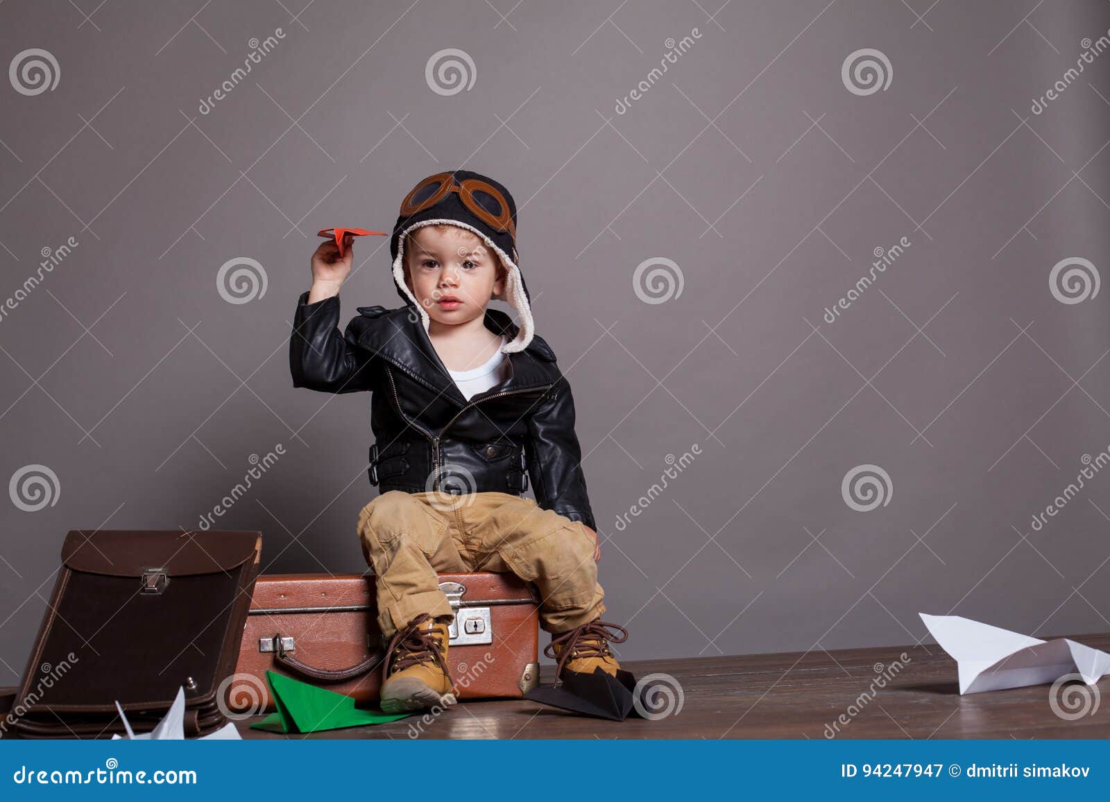 Little Boy Pilot Plays in the Paper Plane Stock Image - Image of launch ...