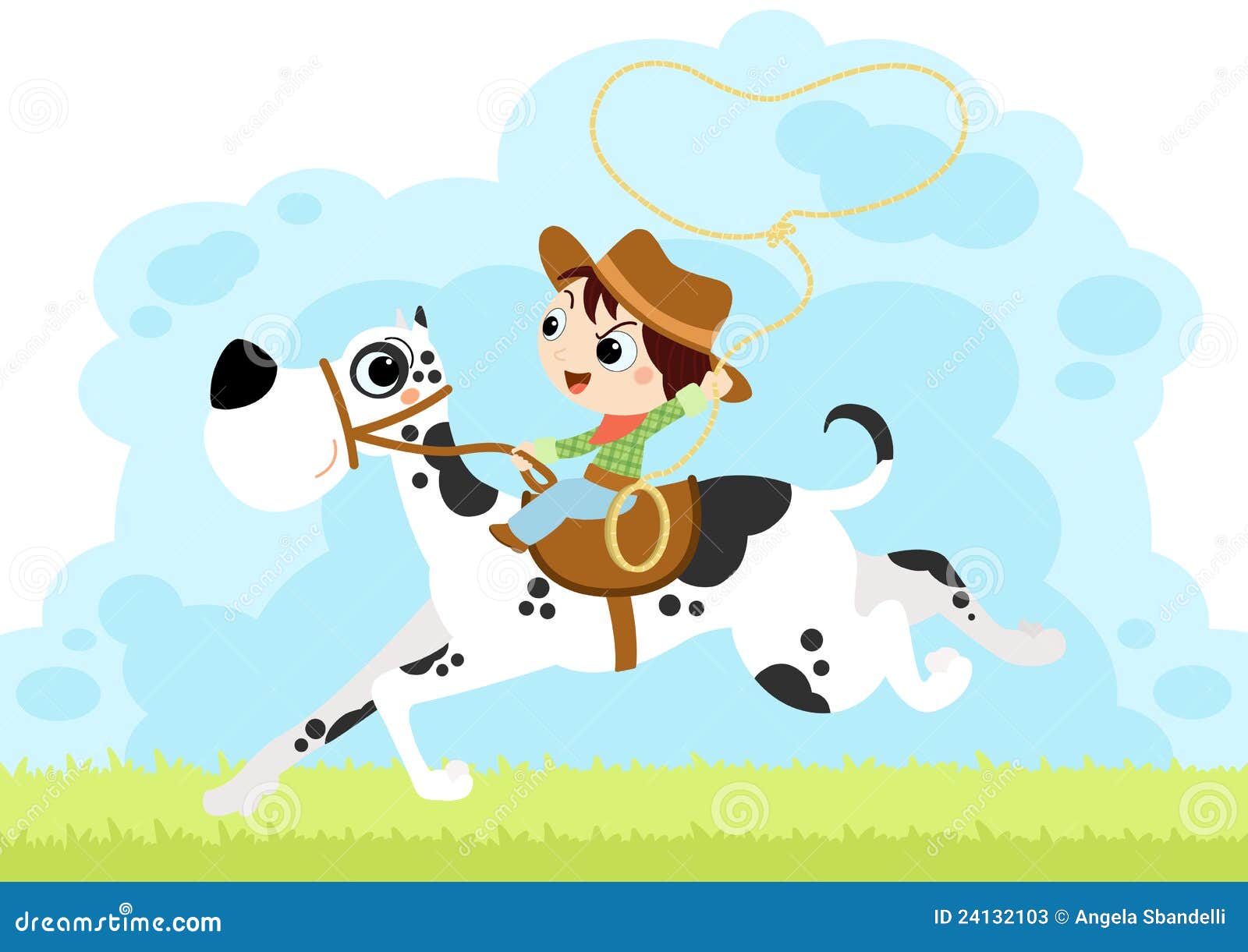 Little Boy Play Cowboy With A Huge Dog Stock Illustration ...