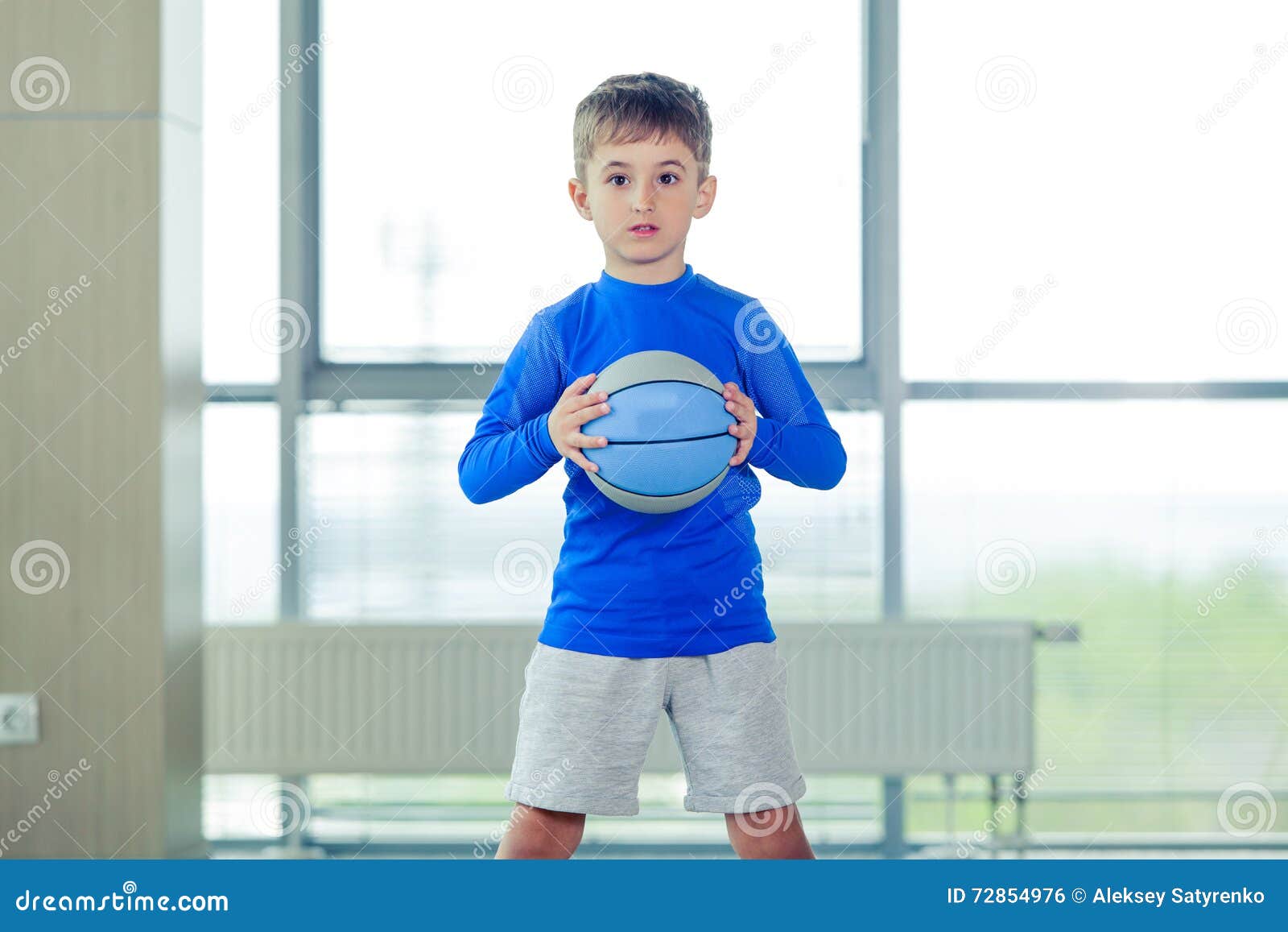 Little Boy Playing Basketball Blue Ball and Form Stock Photo - Image of ...