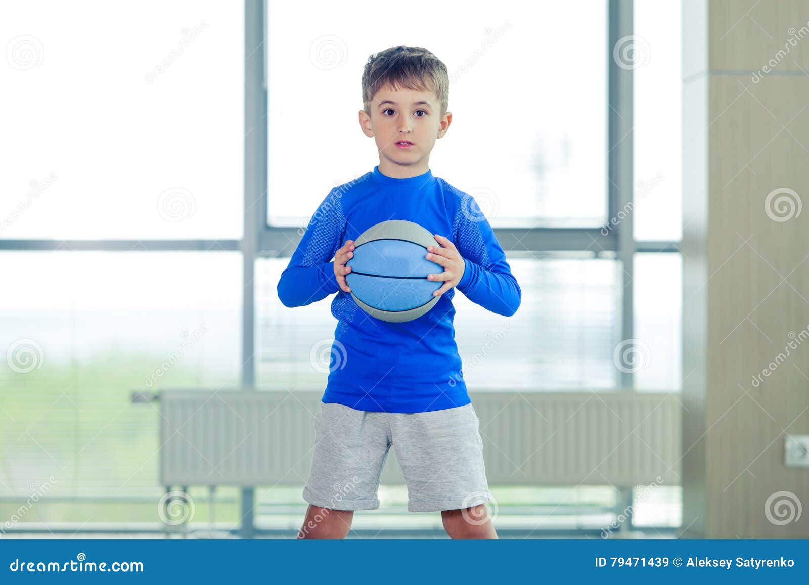 Little Boy Playing Basketball Blue Ball and Form Stock Image - Image of ...