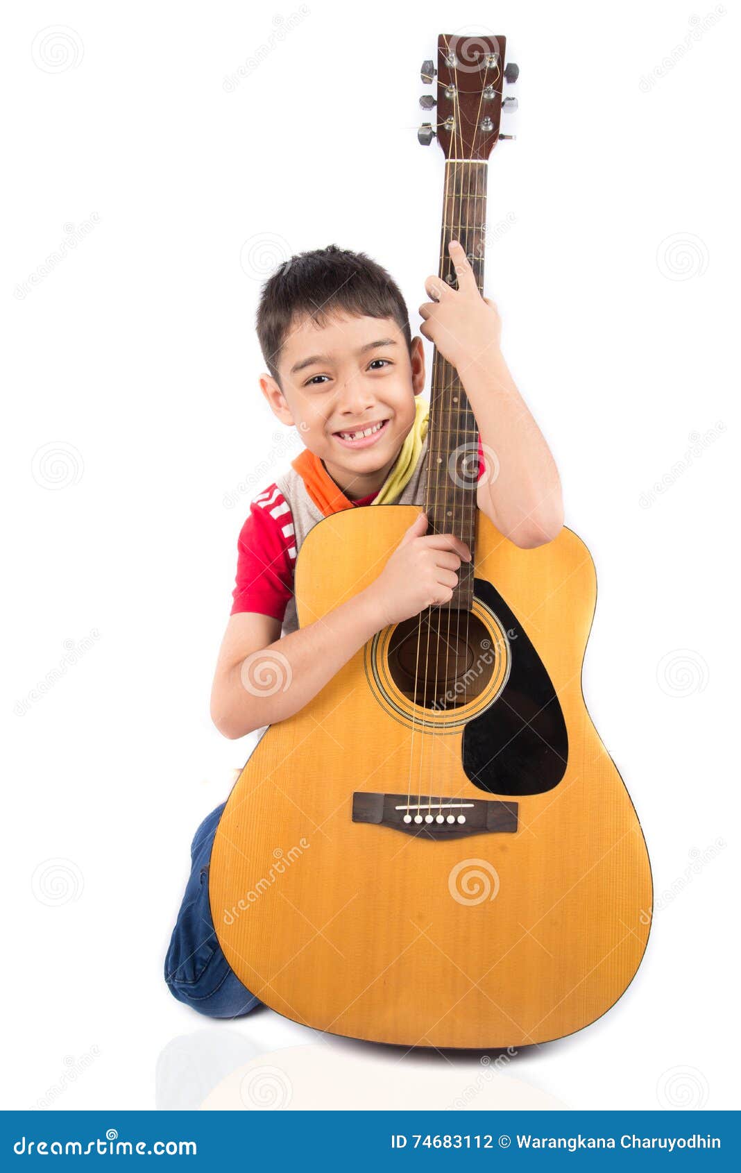 Little Boy Playing Classic Guitar Course on White Background Stock ...