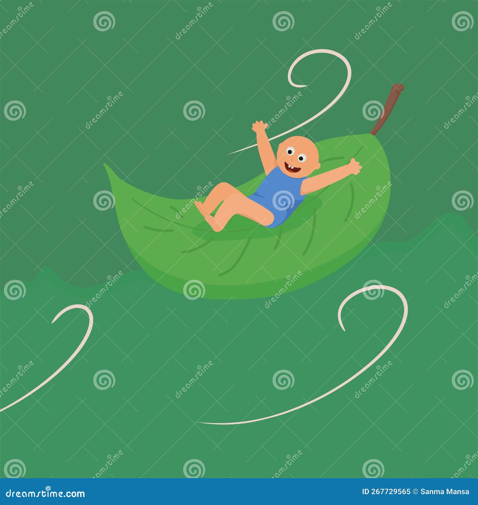 A Little Boy Playing With A Giant Flying Leaf Cartoon Vector ...