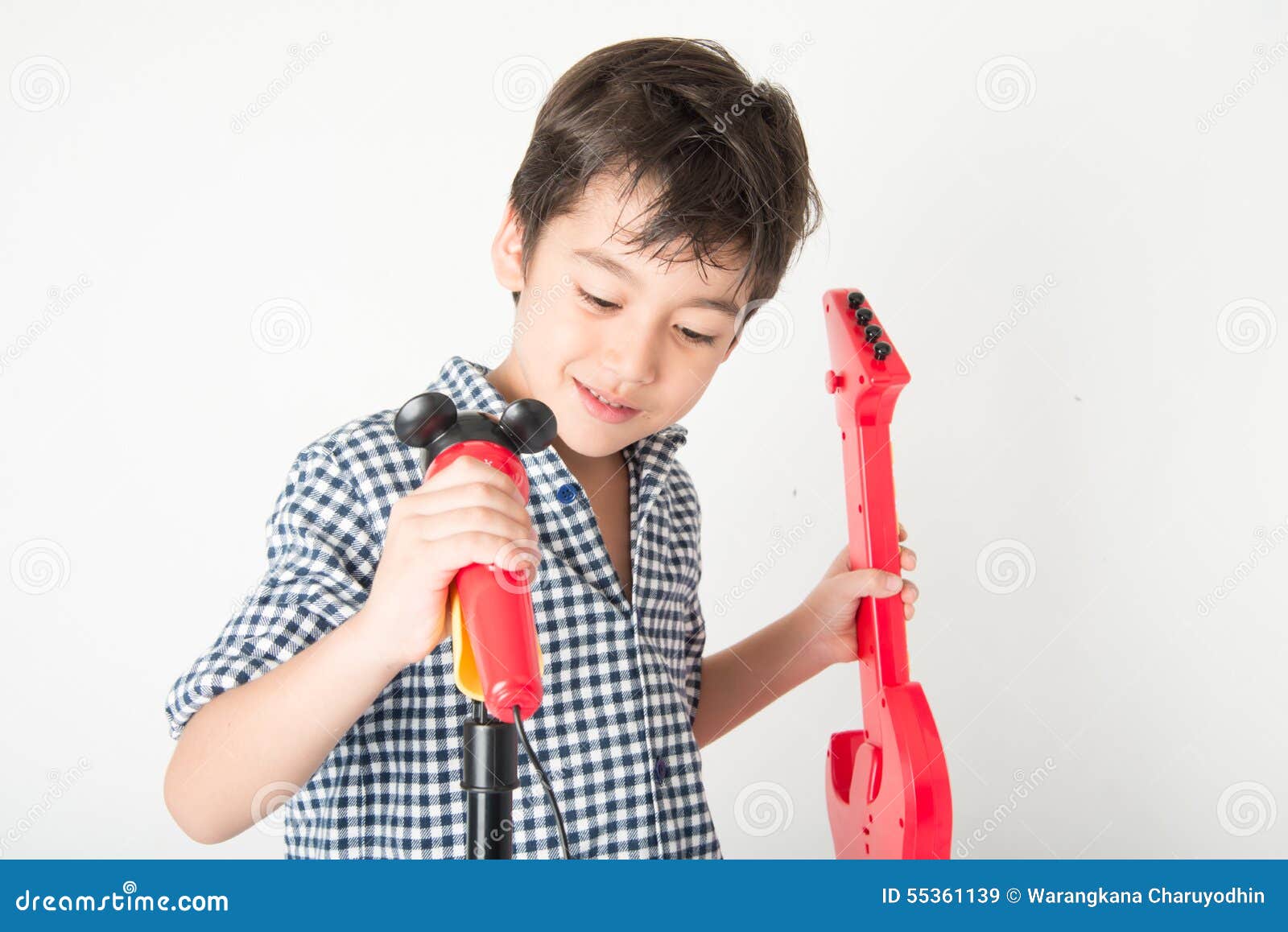 Little Boy Playing Guitar and Sing with Microphone Stock Image - Image ...