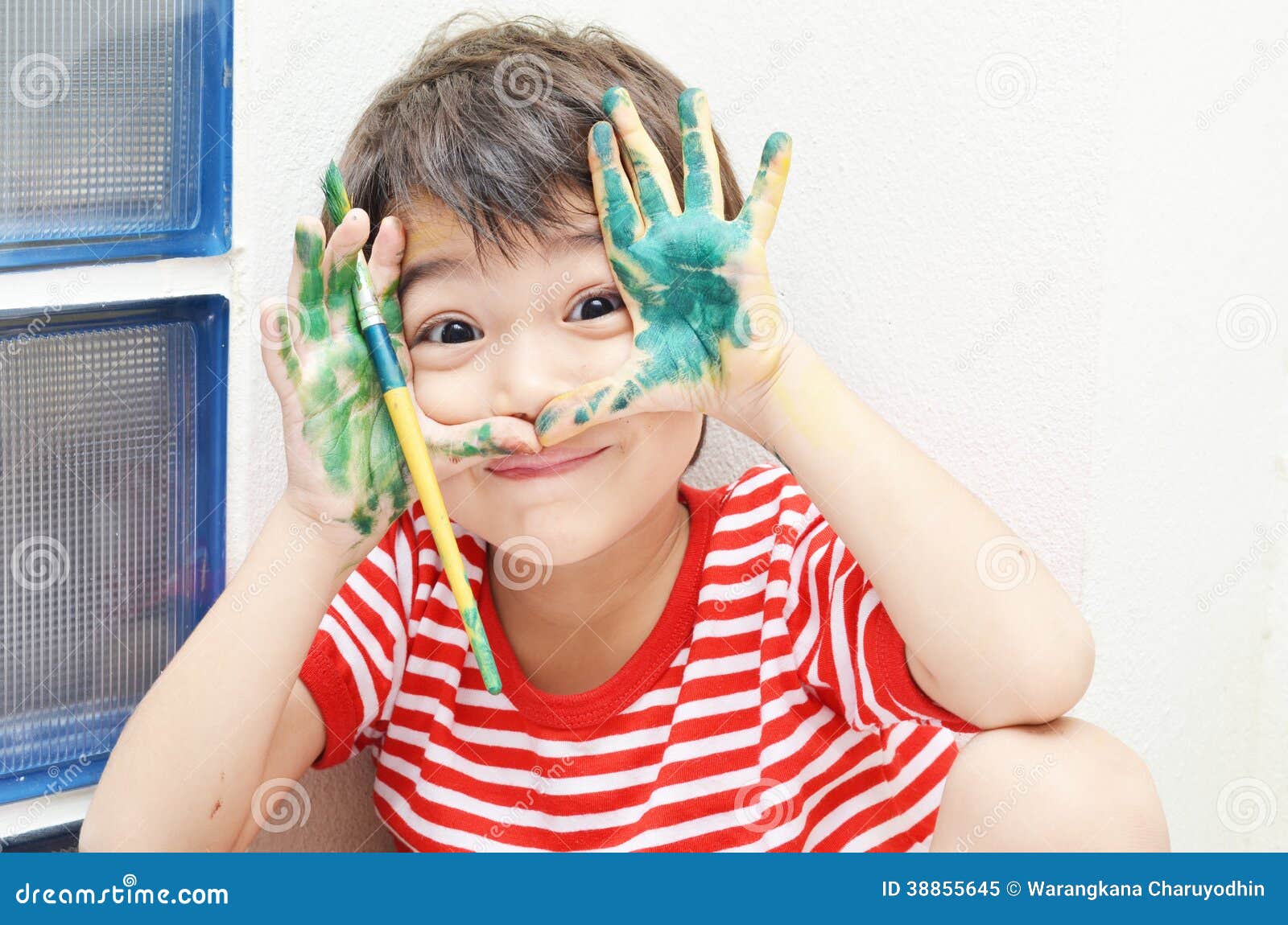 Little Boy Playing Water Color Funny Face Stock Image - Image of ...
