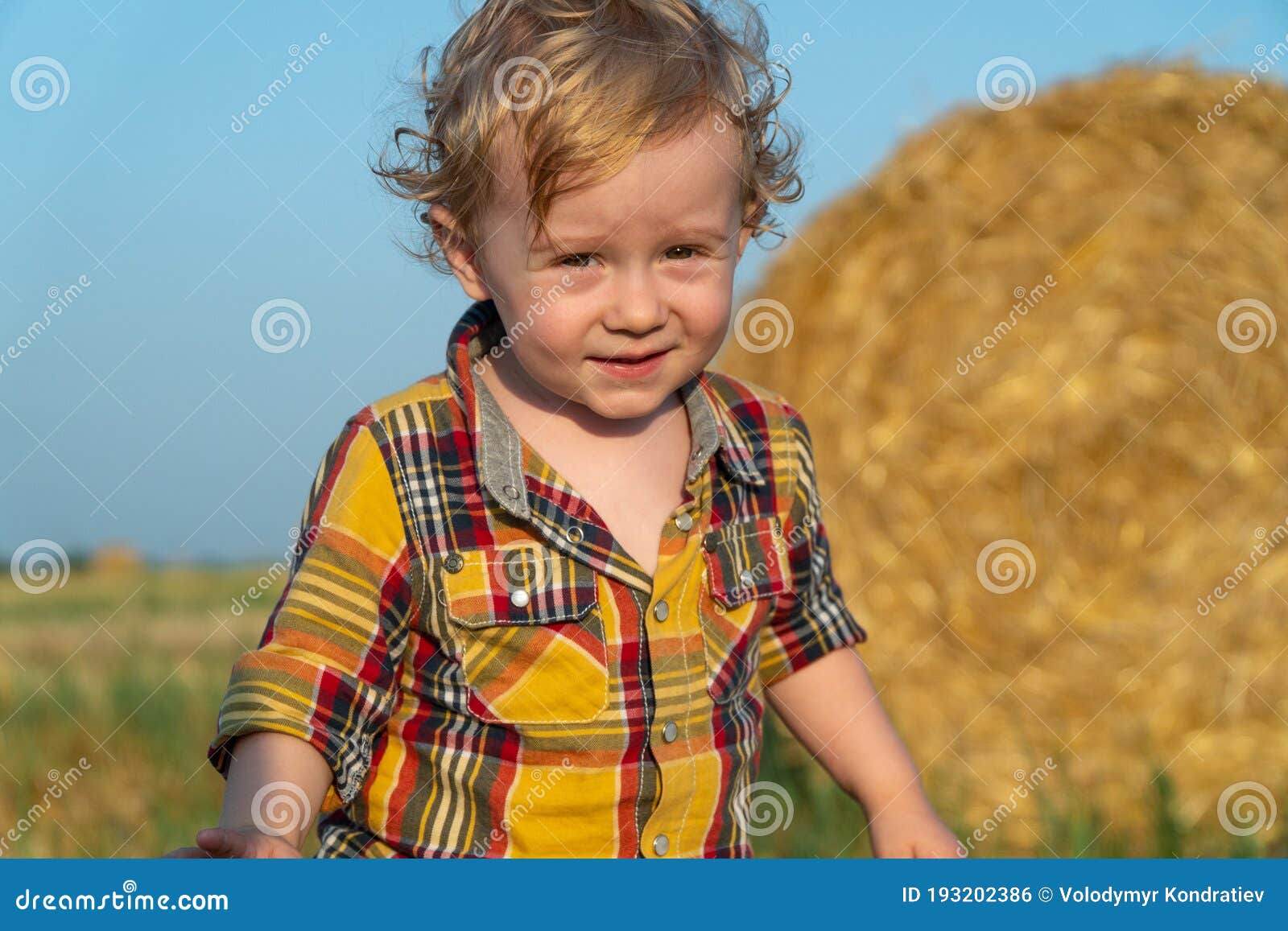 Little Fair-haired Boy Playing on a Wheat Field with Bales Stock Photo ...