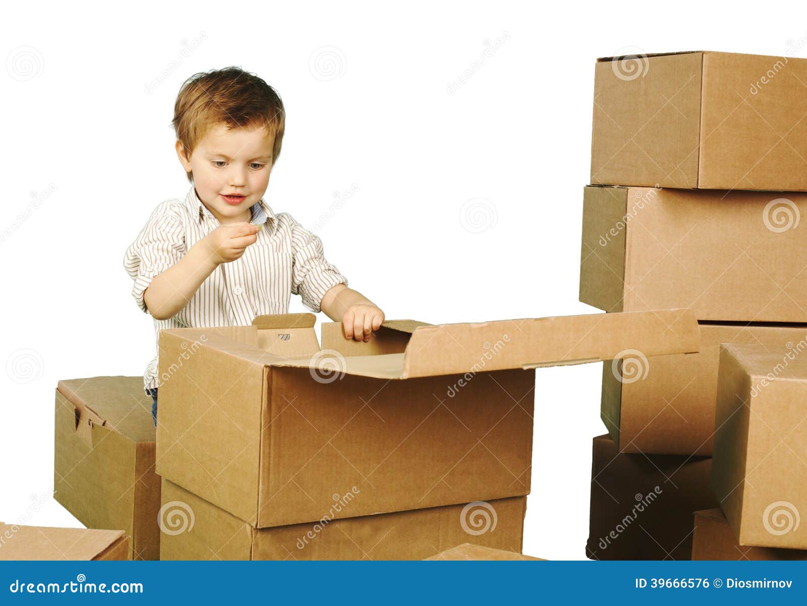 Little boy plays in boxes stock photo. Image of kindergartner - 39666576