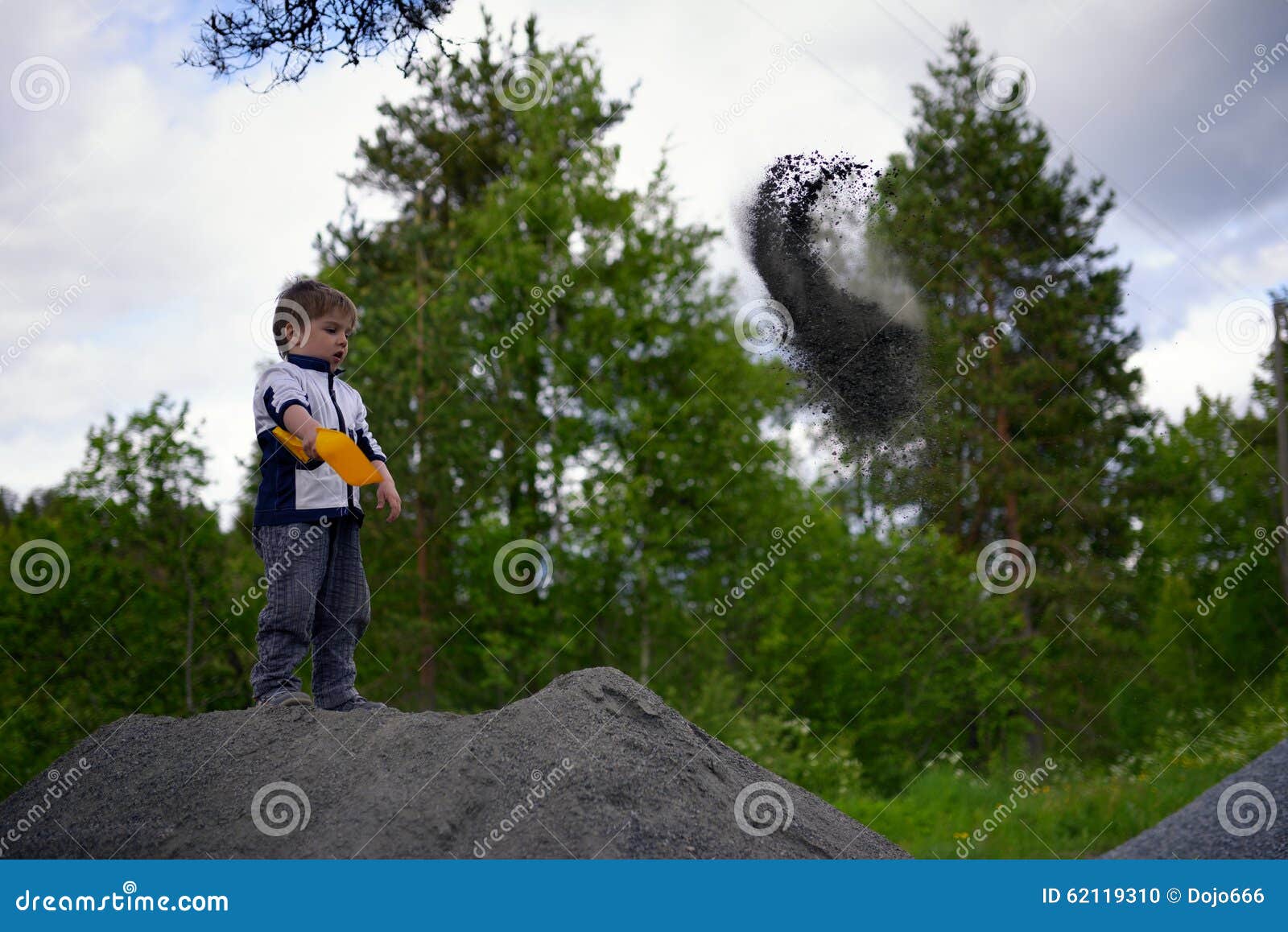 Little Boy Plays on Heap of Crushed Stone Stock Photo - Image of happy ...