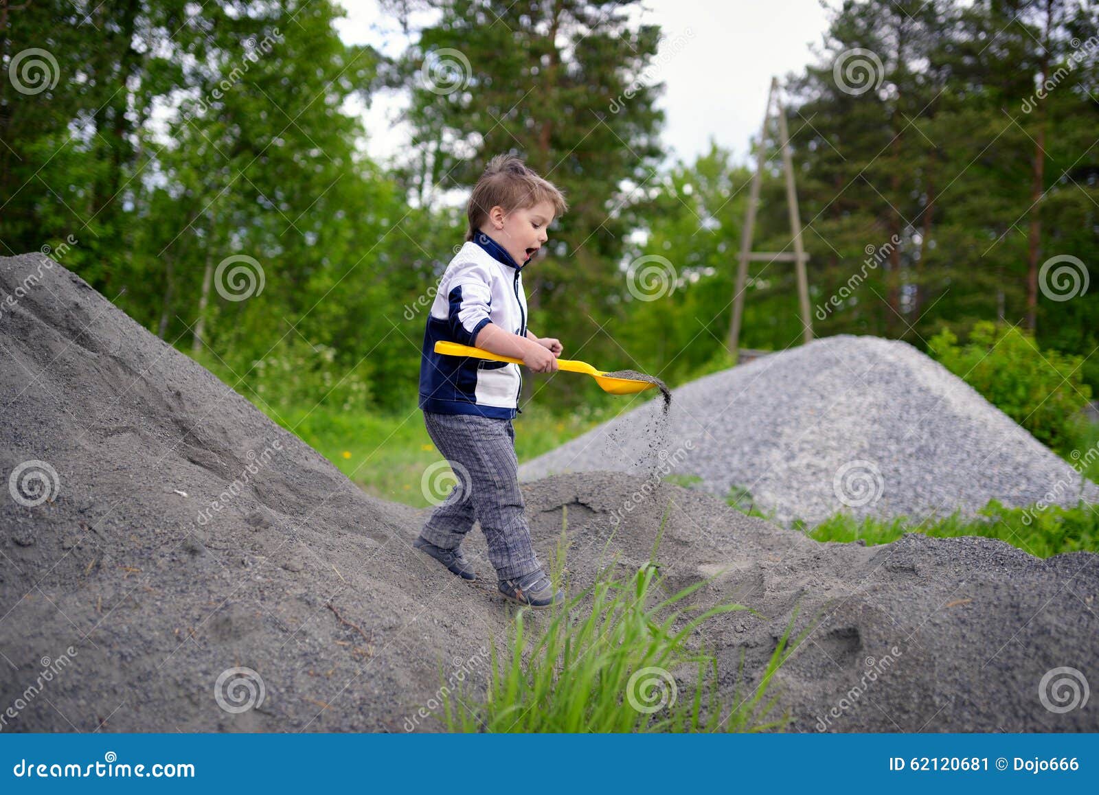 Little Boy Plays on Heap of Crushed Stone Stock Image - Image of family ...