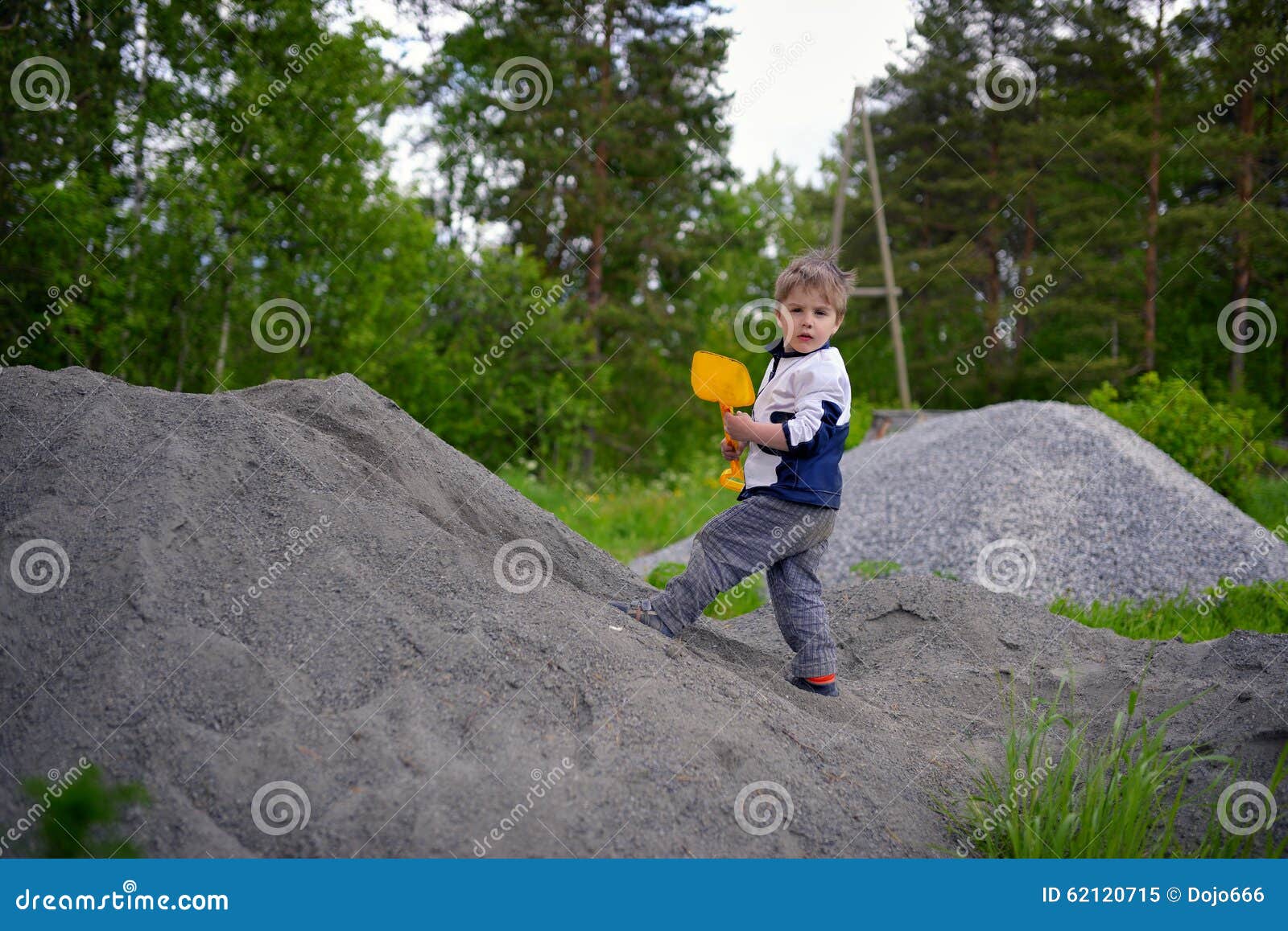Little Boy Plays on Heap of Crushed Stone Stock Image - Image of rural ...