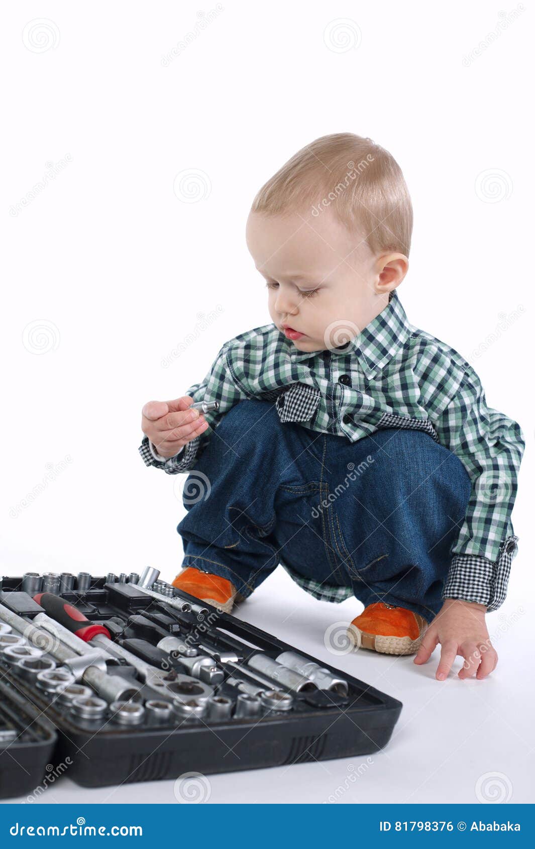 Little Boy Plays with Tools Case Stock Photo - Image of person, child ...