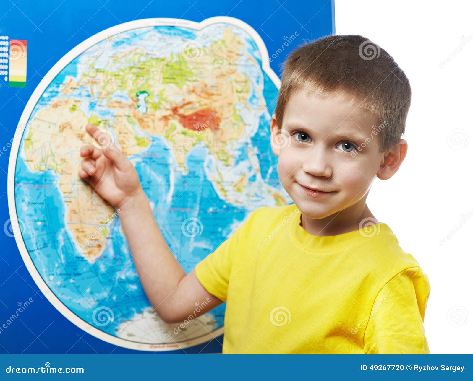 Little Boy Points To Place on World Map. Stock Photo - Image of ...