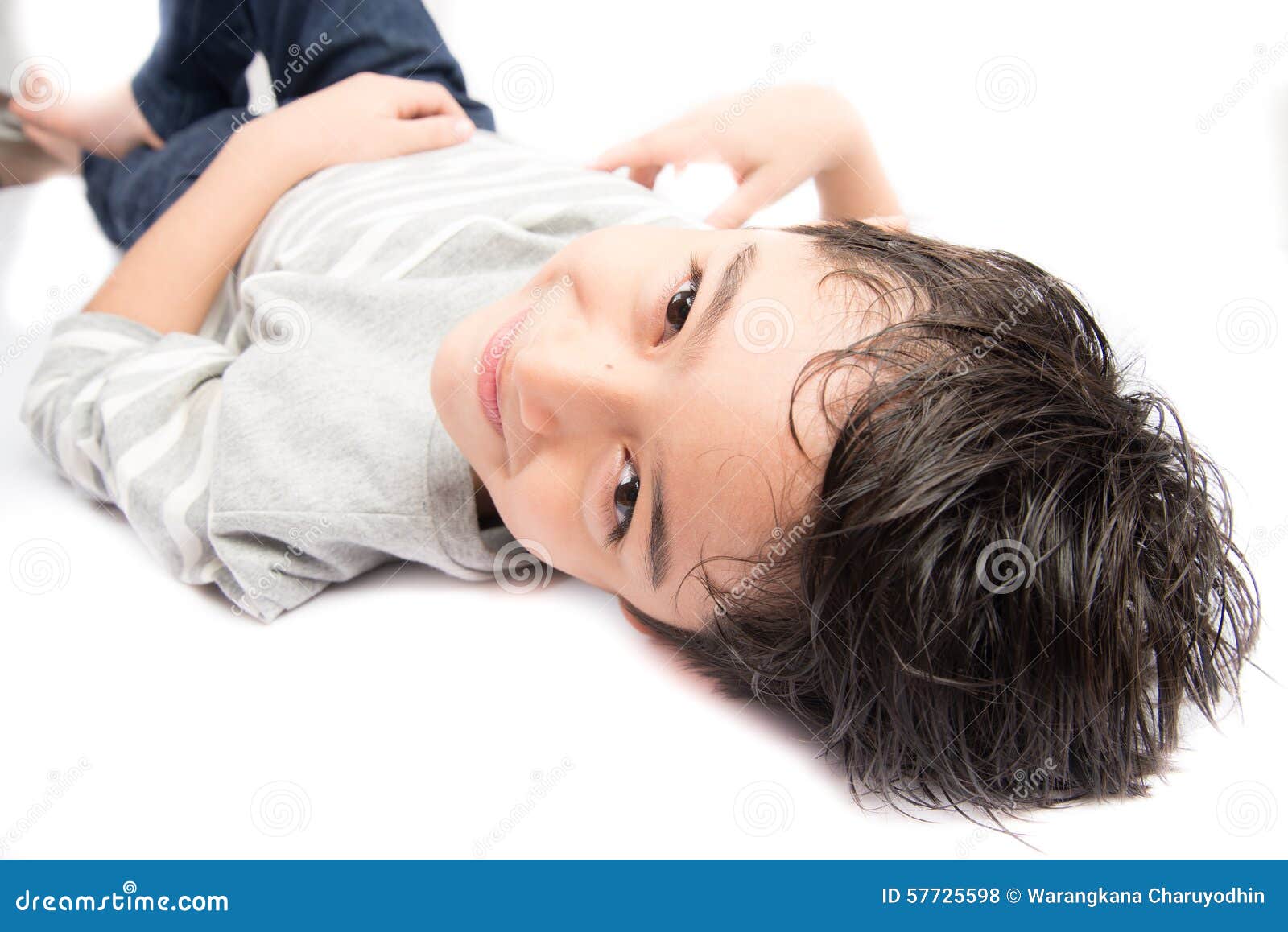 Little Boy Pose Portrait Lay on the Floor on White Stock Photo - Image ...