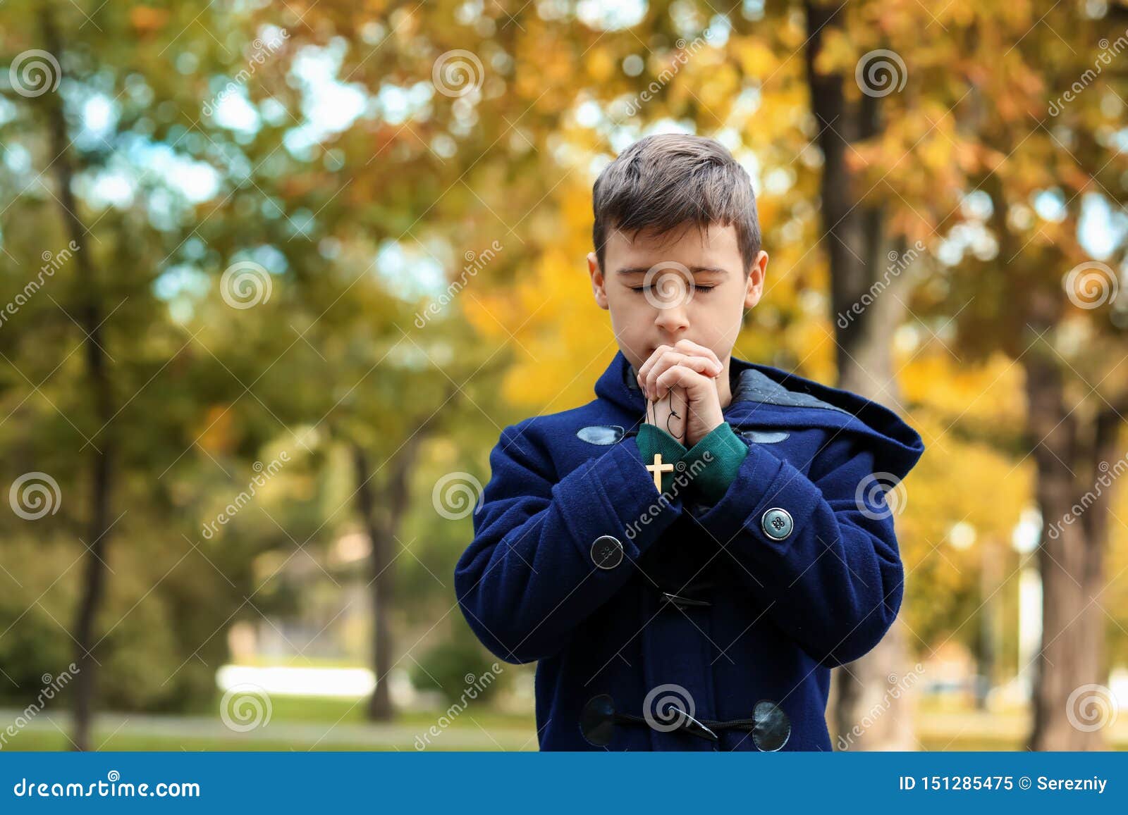 Little boy praying in park stock image. Image of church - 151285475