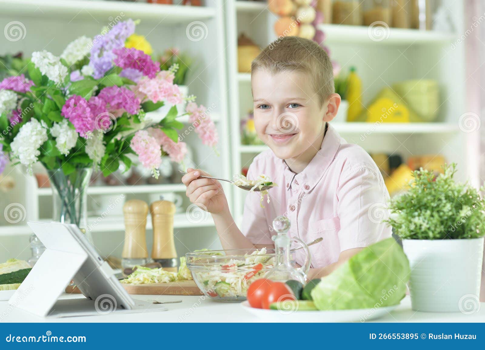 Little Boy Preparing Salad on Kitchen Table at Home Stock Image - Image ...