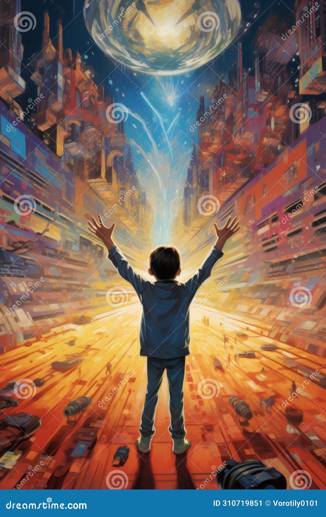 Little Boy with Raised Hands. Boy Walking Alone in the Multi-colored ...