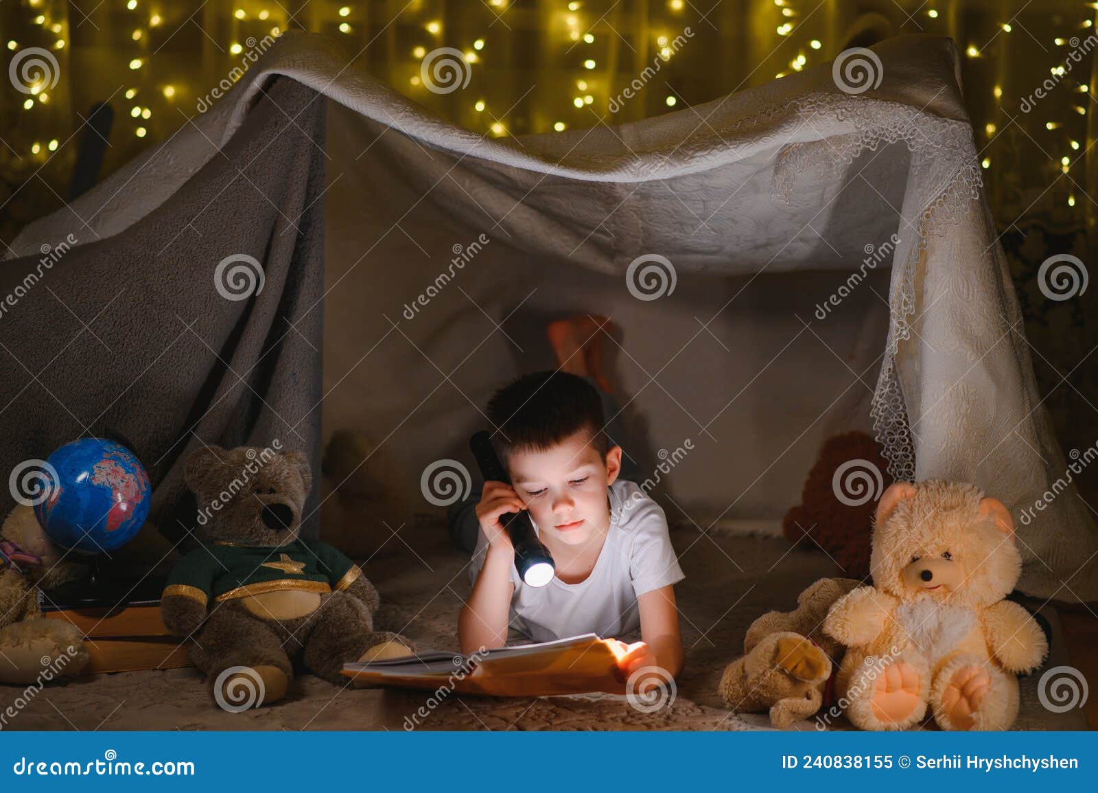 Little Boy Reading Book in Play Tent at Night Stock Image - Image of ...