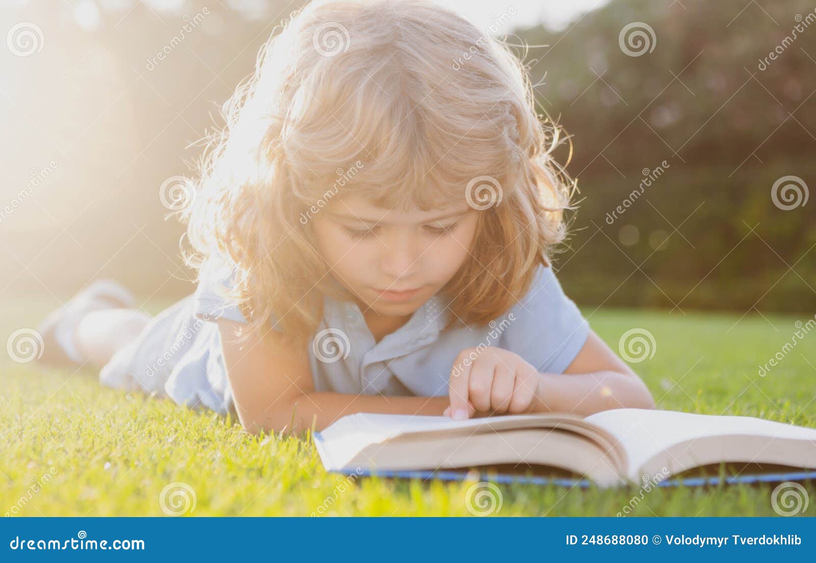 Little Boy Reading a Book in Summer Sunset Light. Stock Photo - Image ...