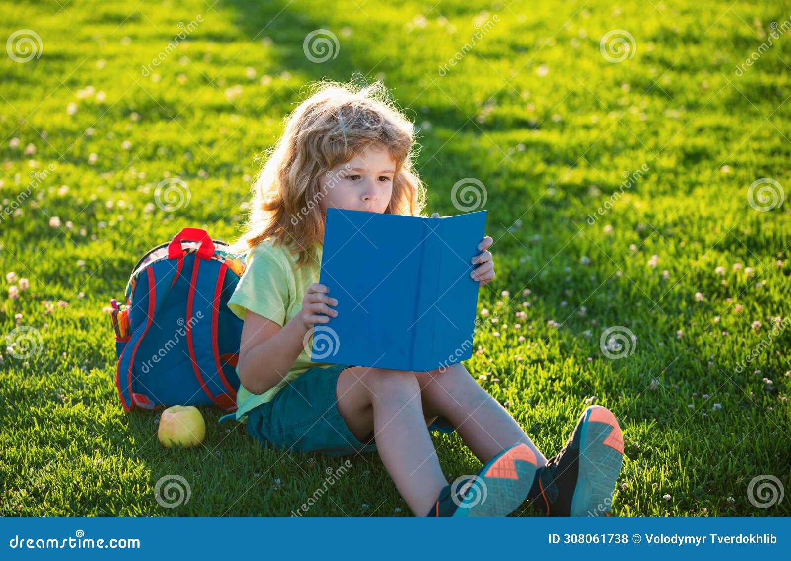 Little Boy Reading a Book in Summer Sunset Light. Stock Photo - Image ...
