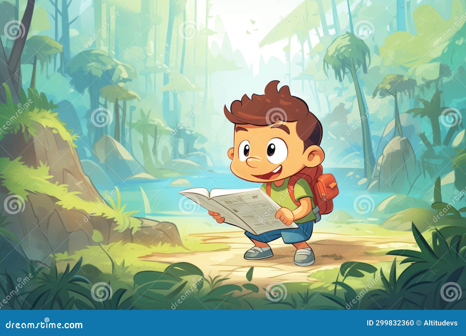 Little Boy Reading a Map in a Forest Exploration Stock Photo - Image of ...