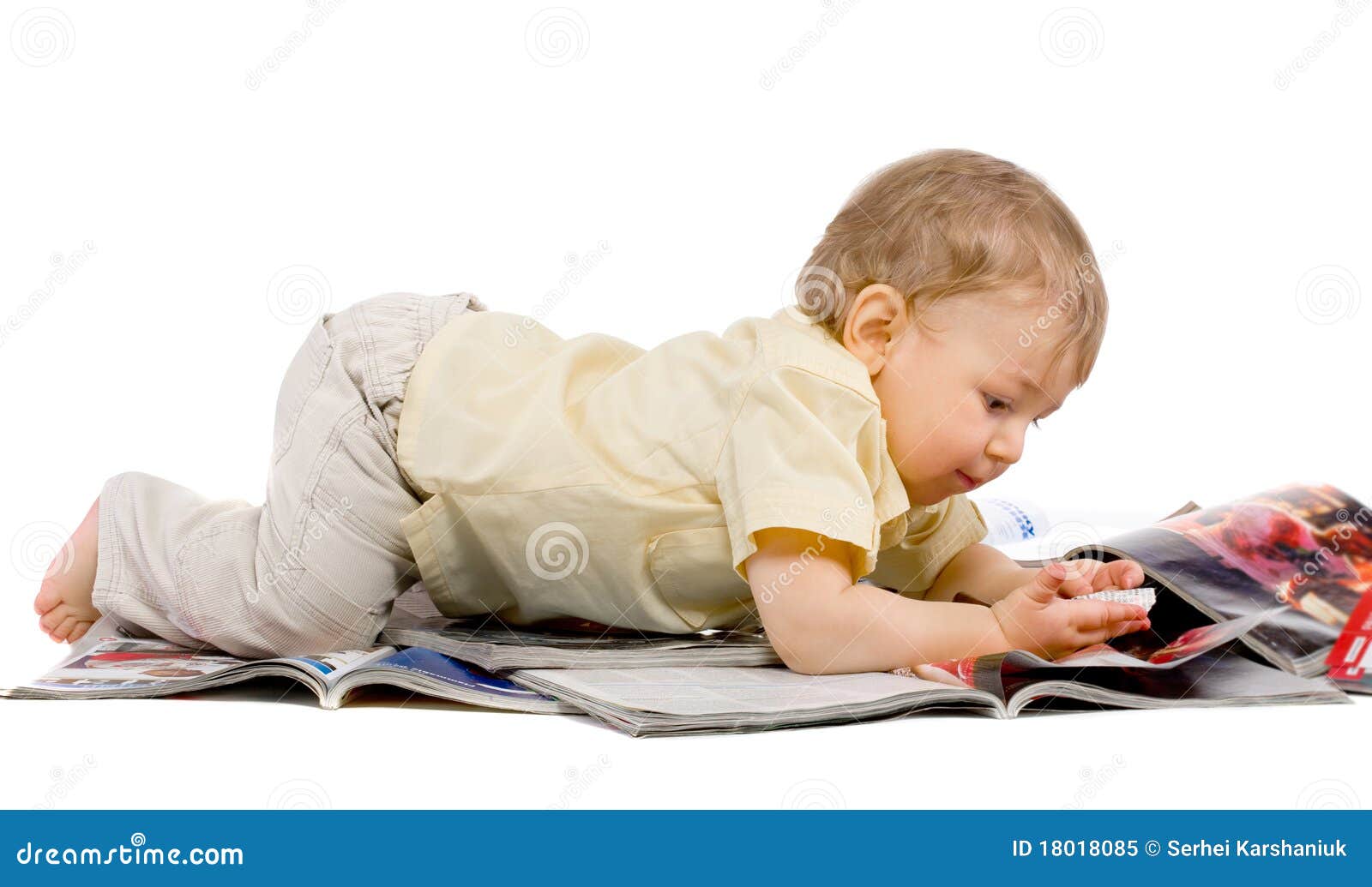 The Little Boy Reads Magazine Stock Image - Image of education, pile ...