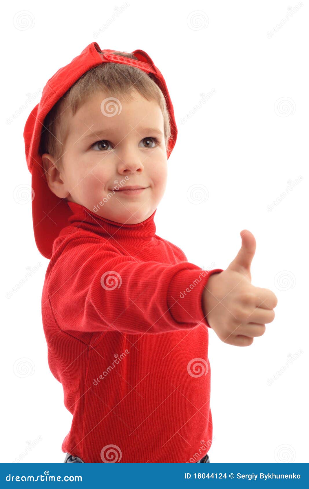 Little Boy in Red Hat with Thumb Up Sign Stock Photo - Image of ...