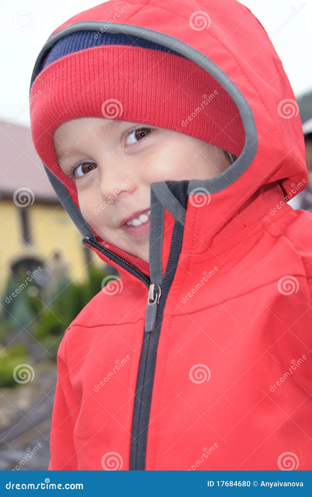 Little Boy in Red Rain Jacket Stock Photo - Image of human, jacket ...