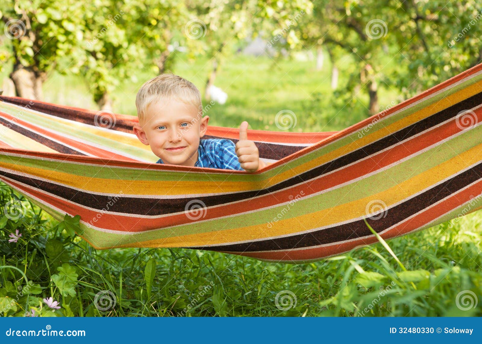 Little Boy Relax in Hammock into the Garden Stock Photo - Image of ...
