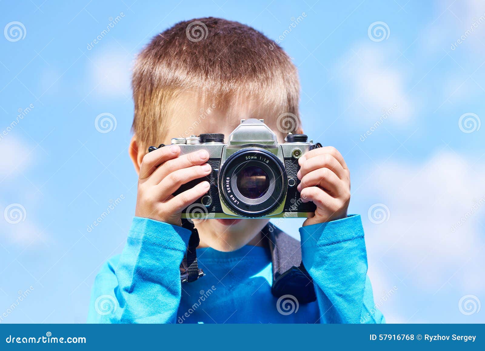 Little Boy with Retro SLR Camera on Blue Sky Stock Photo - Image of ...