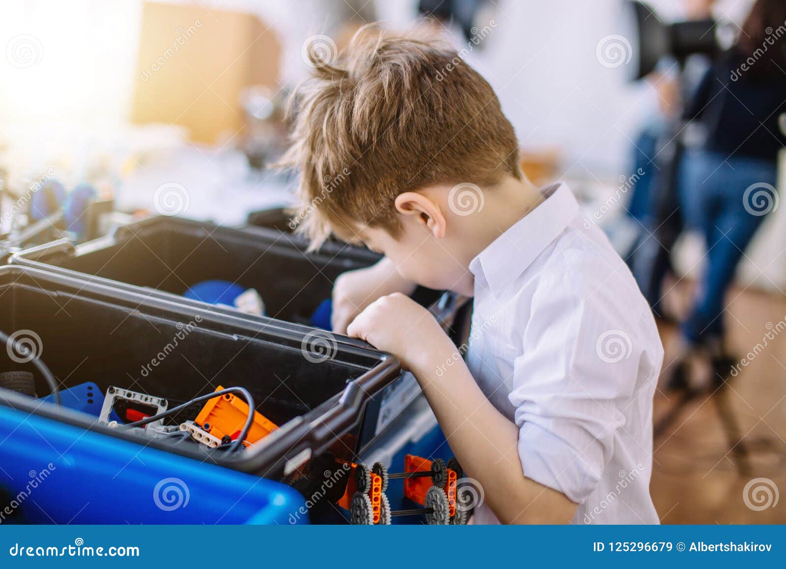 Little Boy in Robotics School Makes Robot Stock Image - Image of idea ...