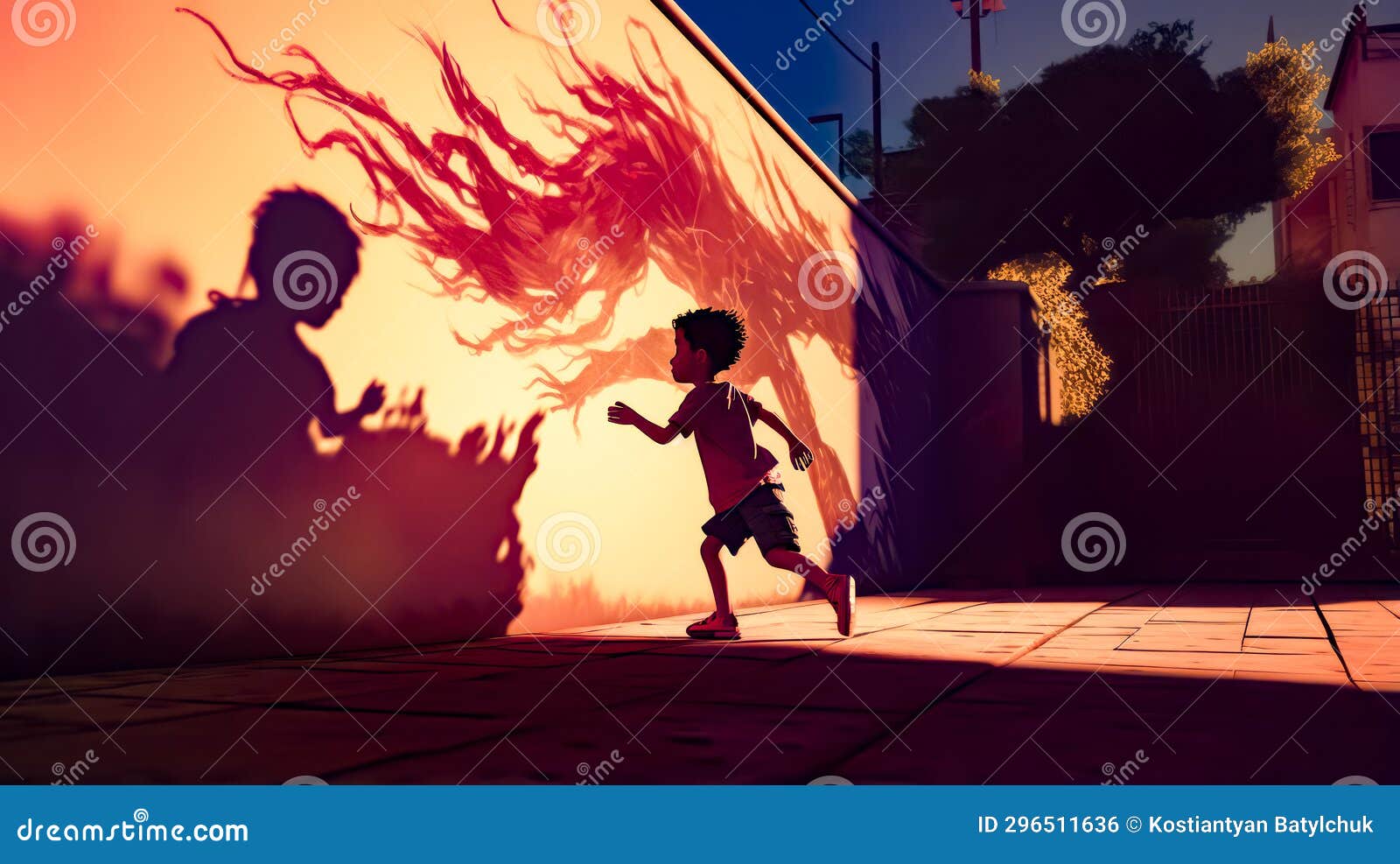 Little Boy Running in Front of Wall with Shadow on it. Generative AI ...