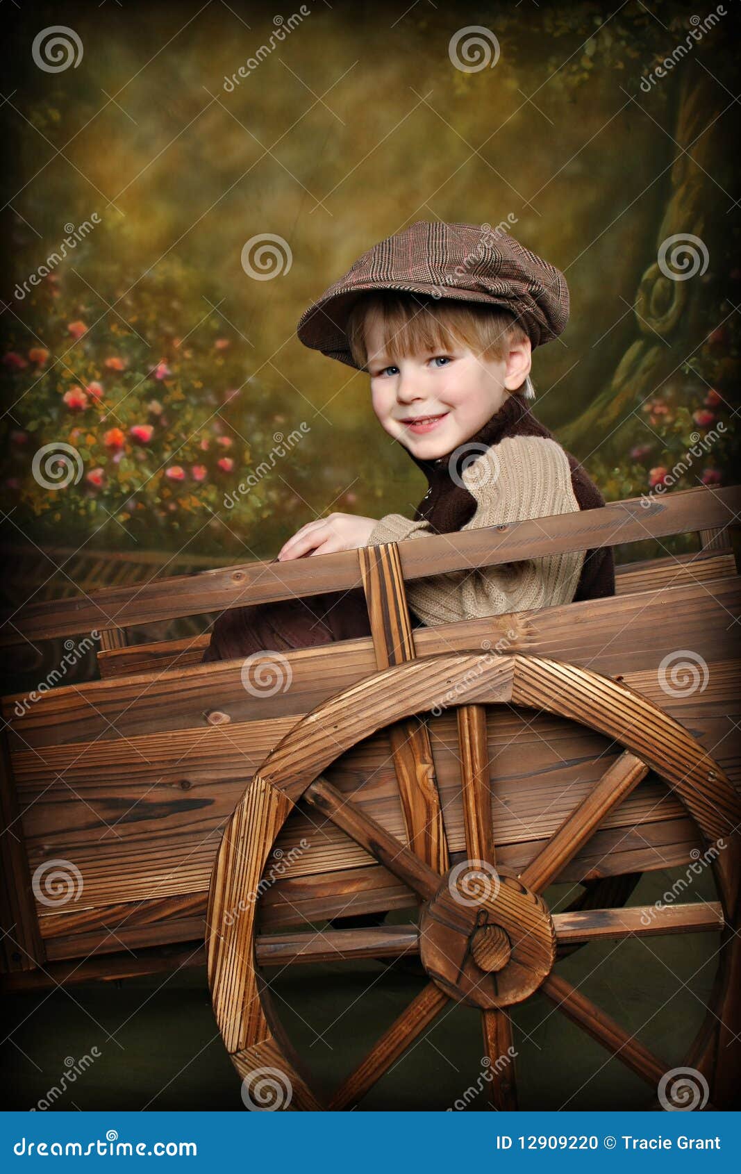 Little Boy in Rustic Wagon stock photo. Image of play - 12909220