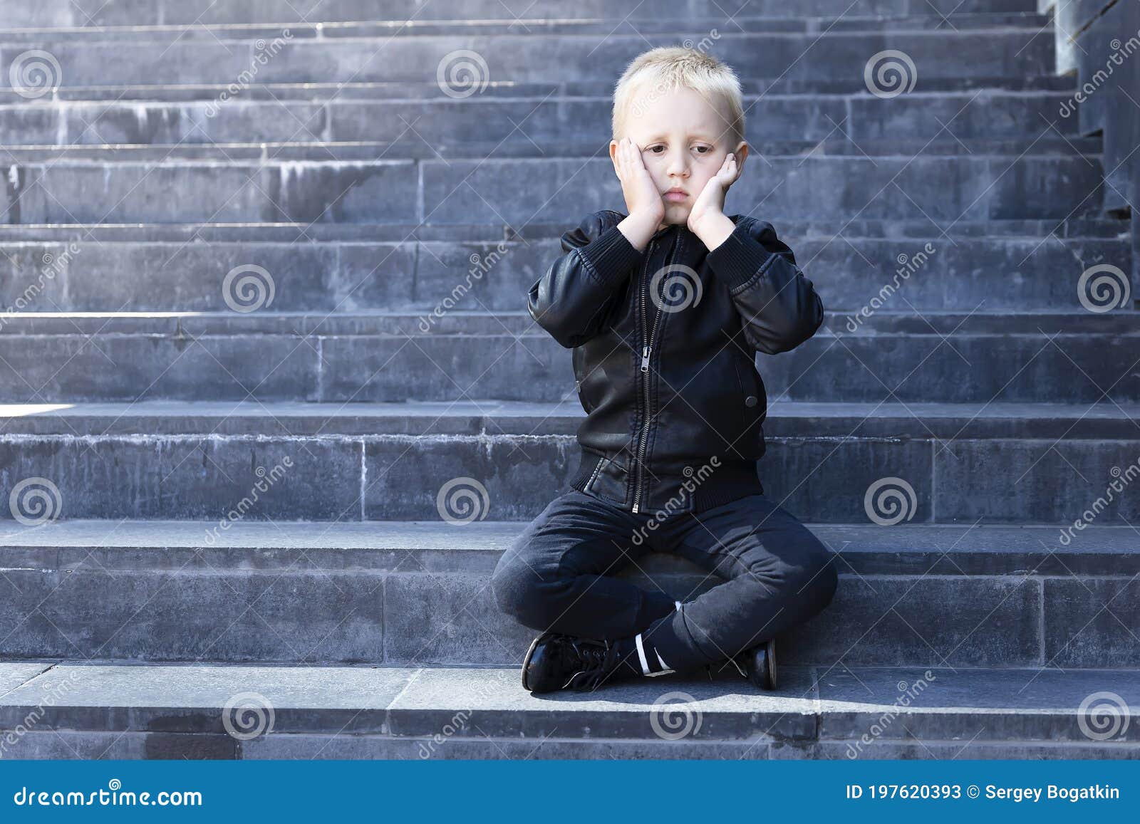 Little Boy is Sad while Sitting on the Stone Stairs Stock Image - Image ...
