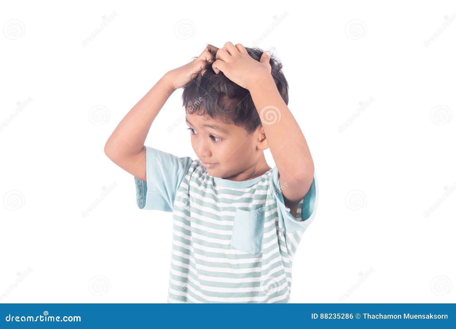 Little Boy Scratching on Head on White Background Stock Photo - Image ...
