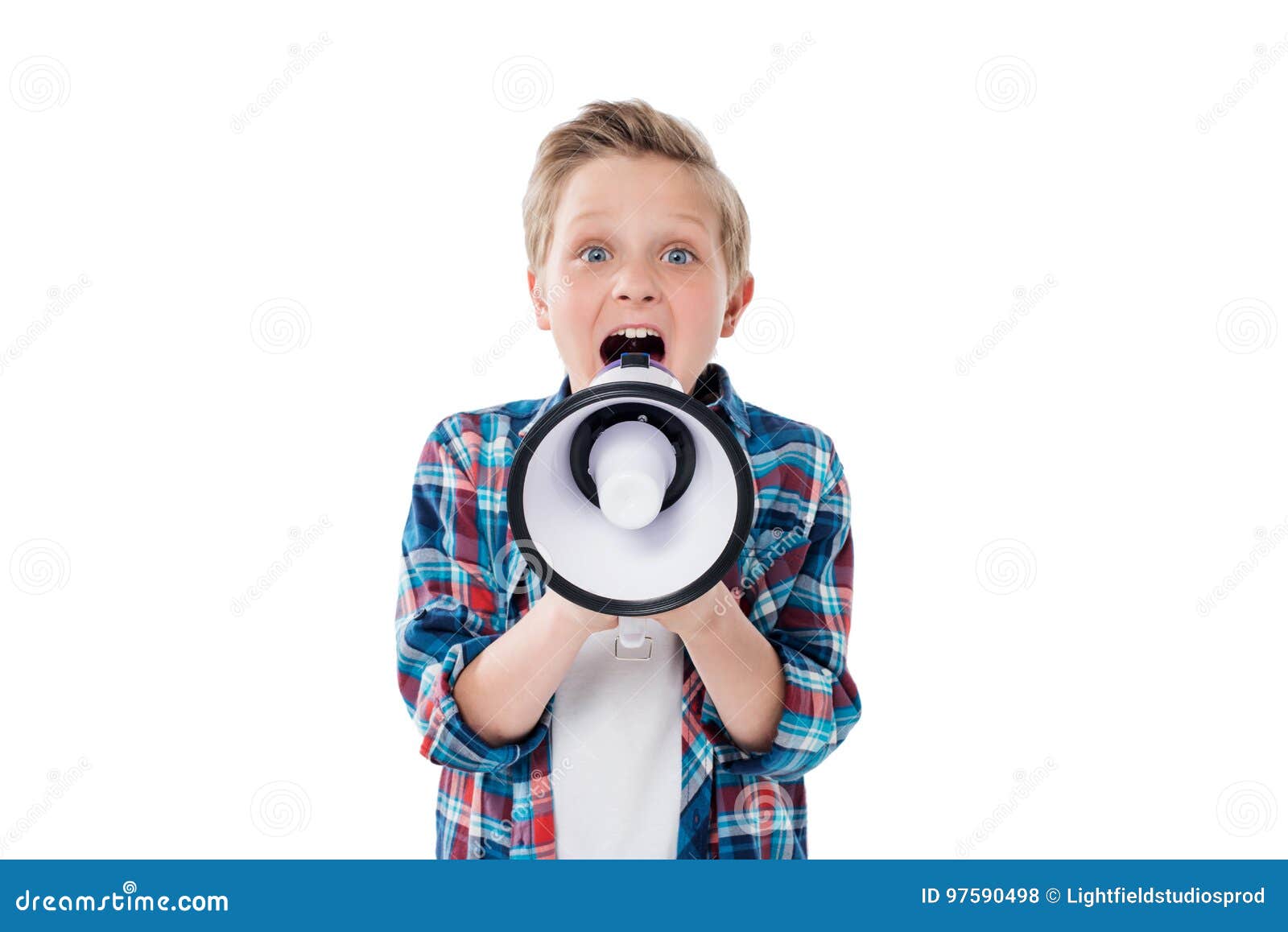 Little Boy Screaming in Megaphone and Looking at Camera Stock Photo ...