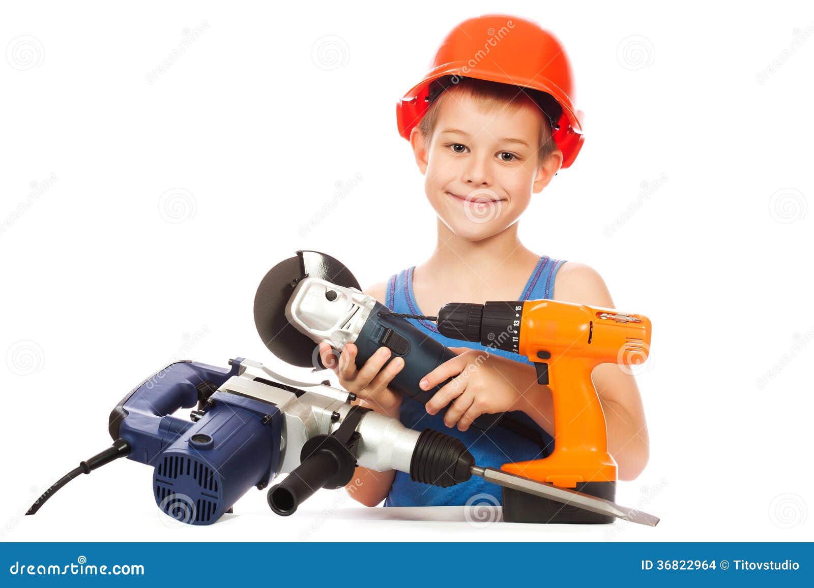 Little Boy with a Set of Tools Stock Photo - Image of drill, isolated ...