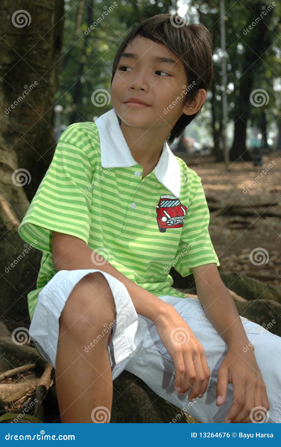 Little Boy Sit Down beside the Tree Stock Photo - Image of young, tree ...