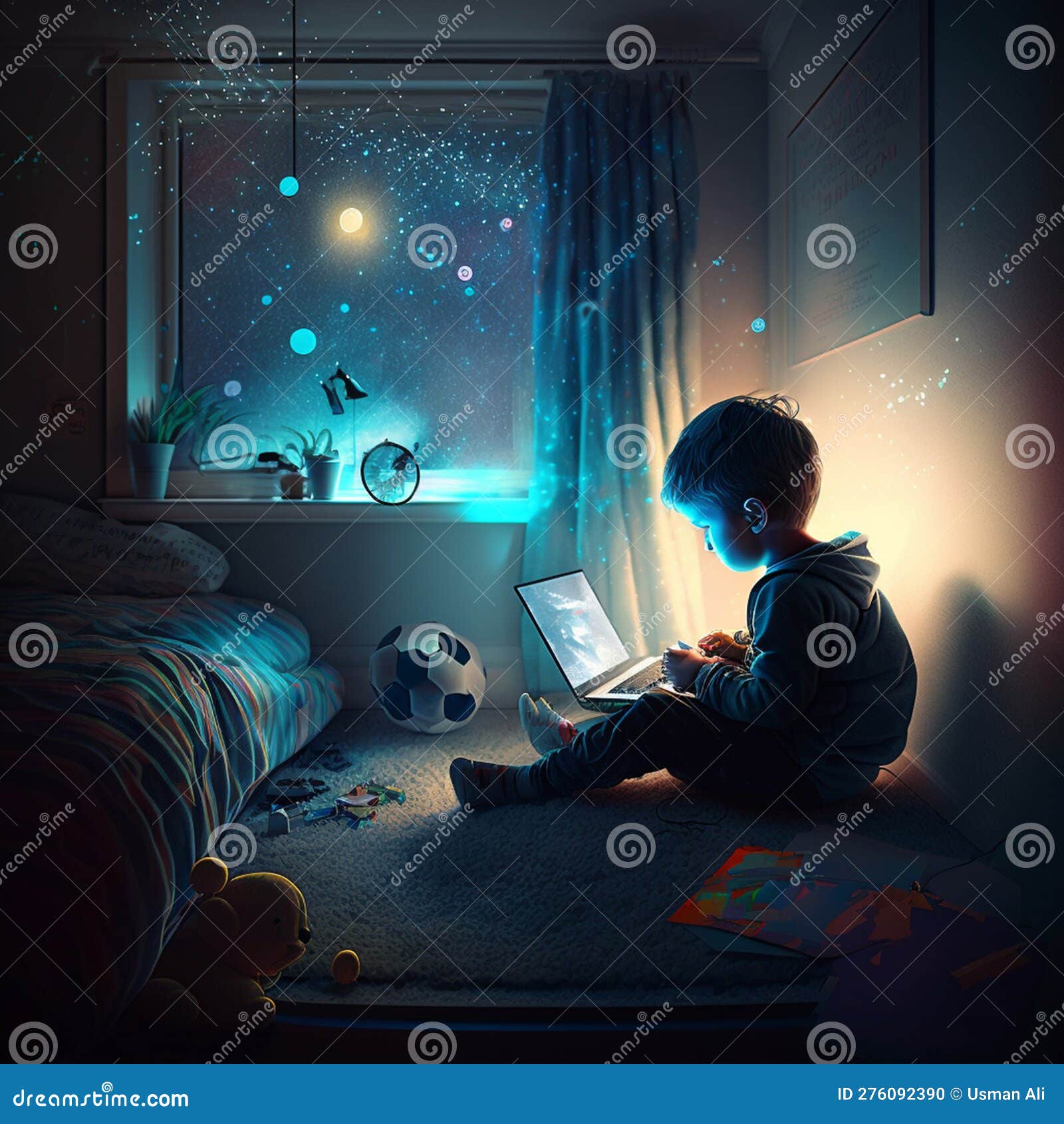 A Little Boy is Sitting in His Room, Using a Computer. Generated by AI ...