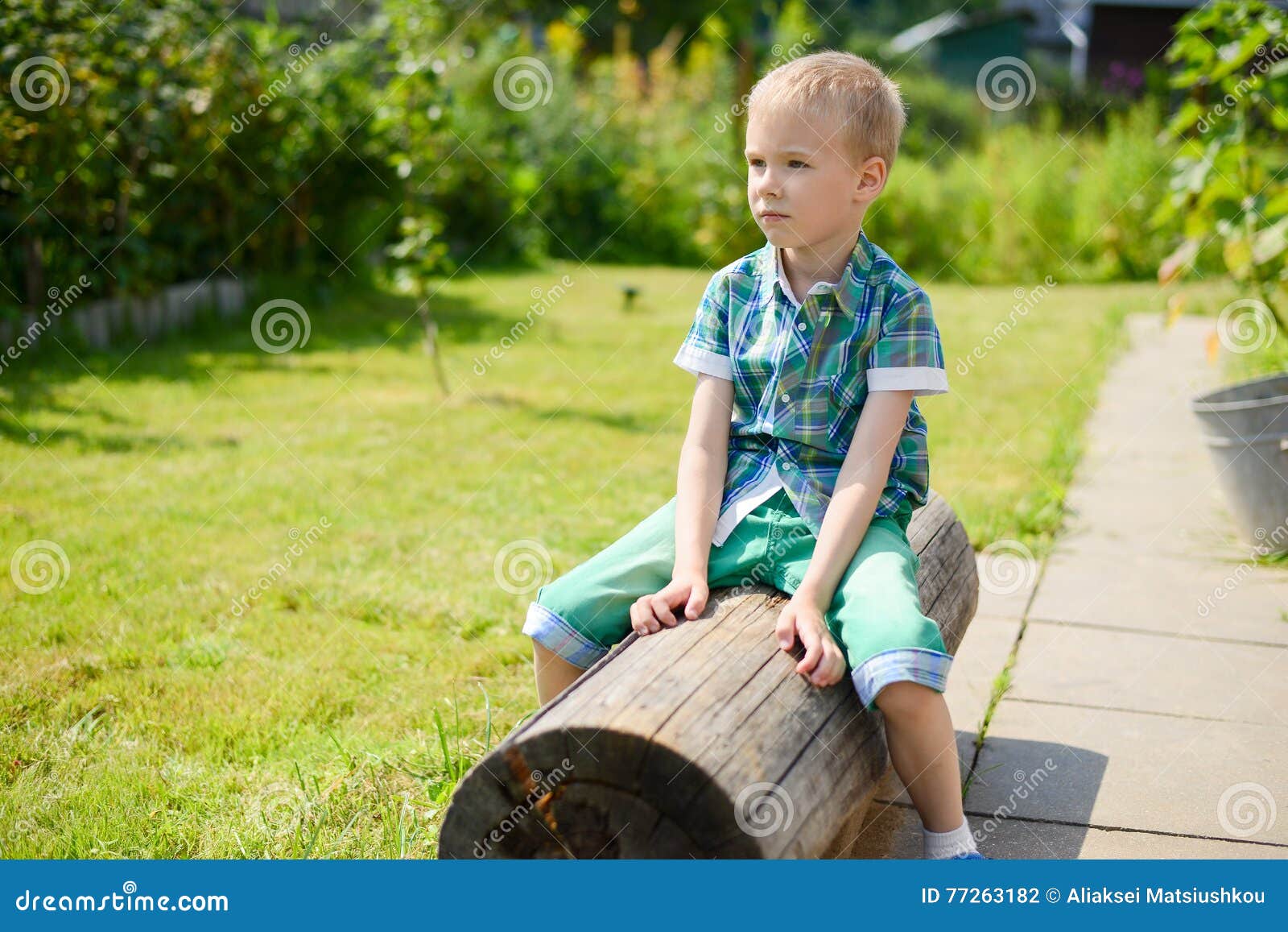 Little Boy Sitting on a Log Stock Photo - Image of outside, spring ...