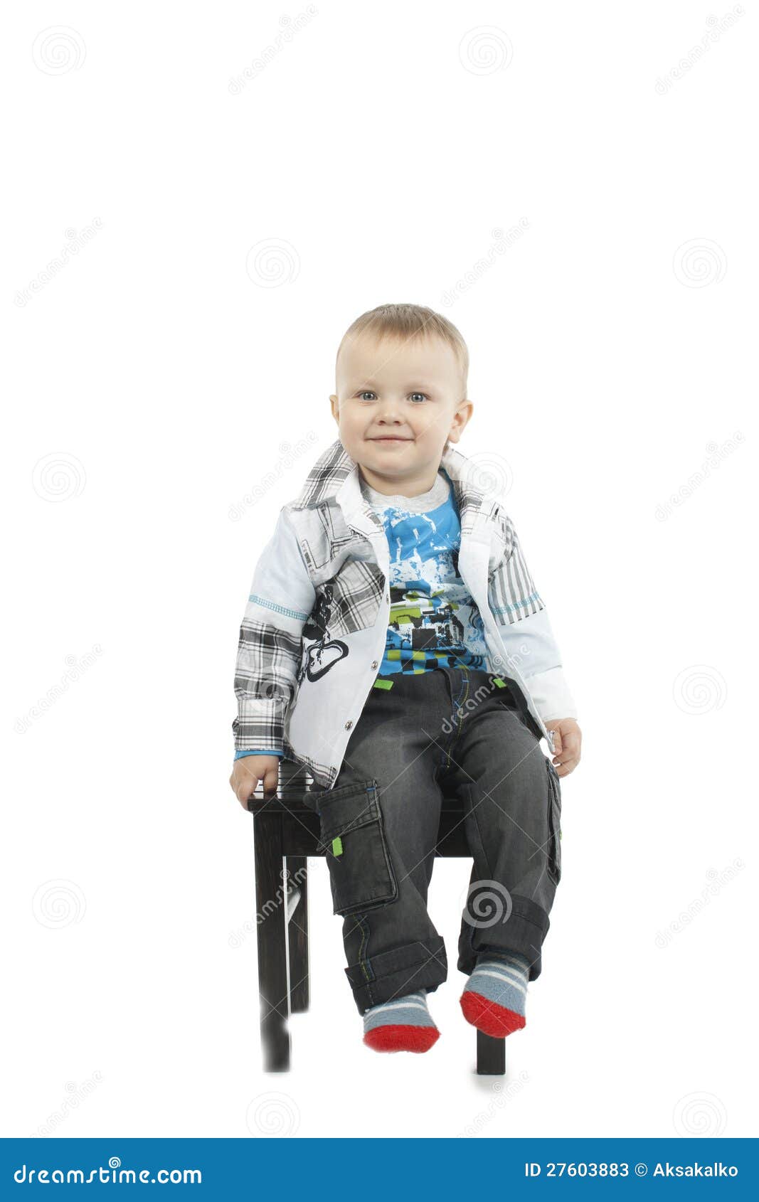 Little Boy Sitting on a Stool. Isolated on White. Stock Image - Image ...